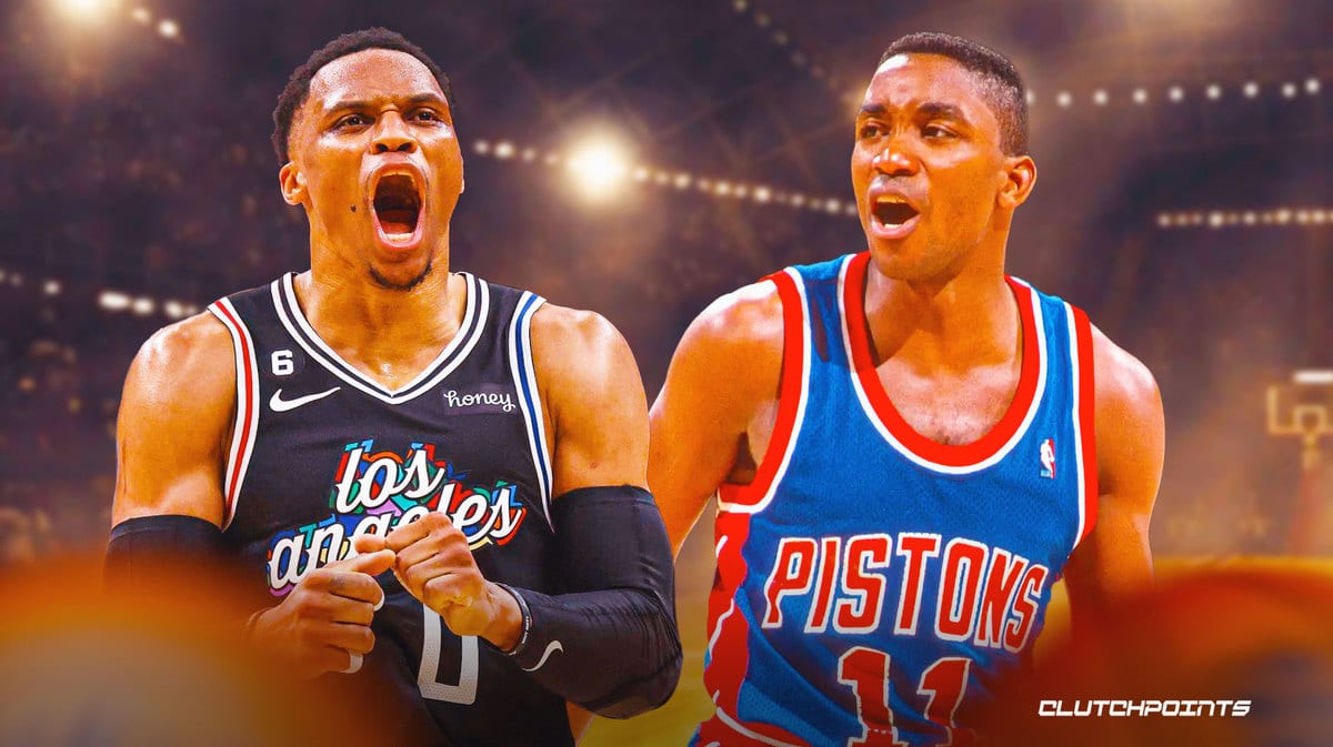 Clippers' Russell Westbrook reacts to passing Isiah Thomas in assists