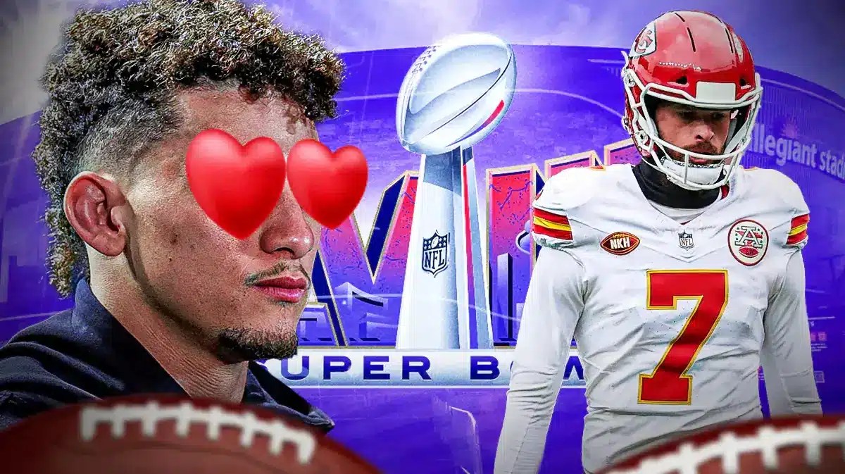 Chiefs: Patrick Mahomes pumps up Harrison Butker after Super Bowl 58 ...