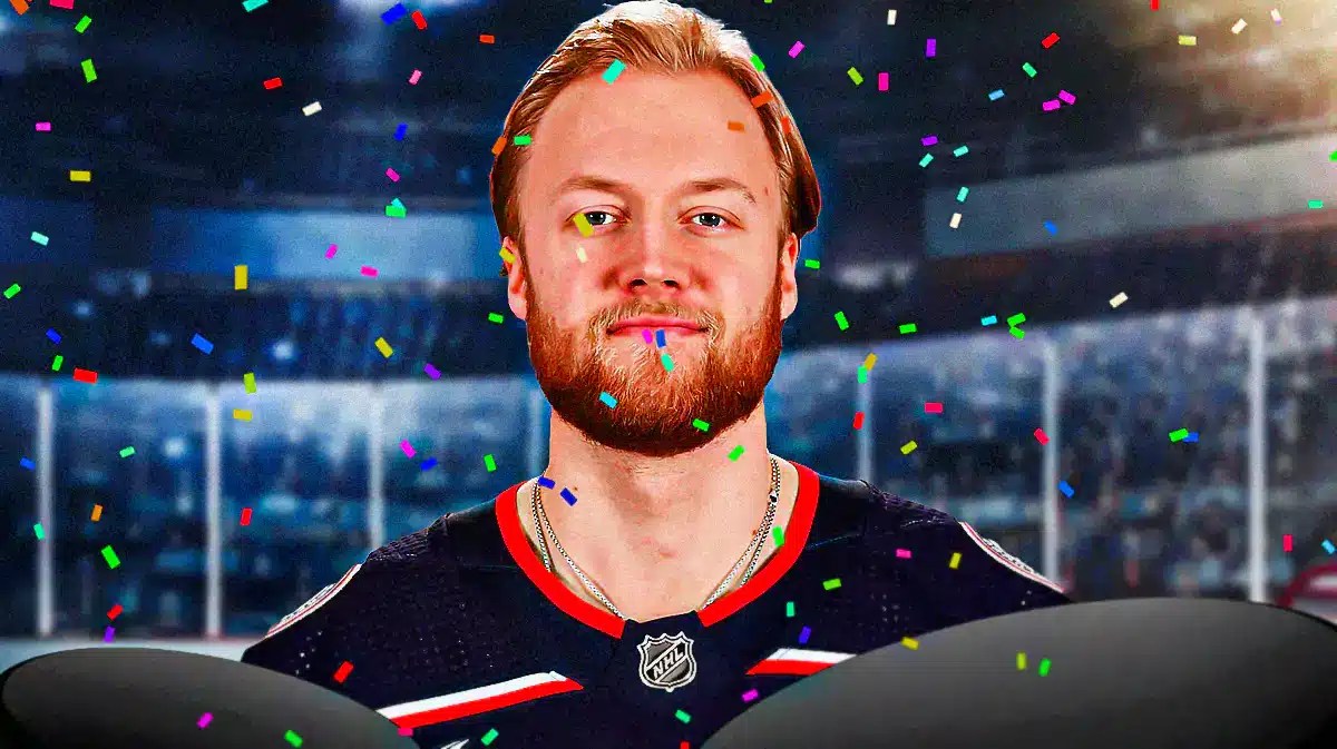 Blue Jackets' Alex Nylander reacts to scoring 1st career hat trick in ...